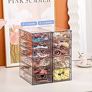 FABROK Clear Hair Accessory Organizer Box with 6 Drawers, Compact Storage Organization Drawers Set for Cosmetics, Glasses, Stationery, Stackable Storage Containers Box for Bathroom, Closet, Office