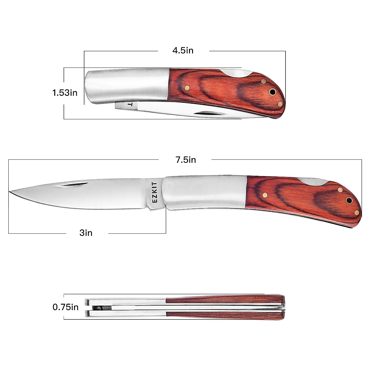 EZKIT Folding Pocket Knife with Back lock, 3in Stainless Steel Blade and Wood Handle, 7.5in Total Length, EDC Pocket Knife for Men and Women