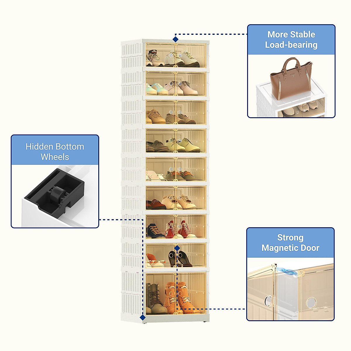 FLEXIMOUNTS Shoe Rack Organizer Storage Box 9 Tiers-18 Pairs, Tall Portable Folding Shoe Rack for Closet Entryway, Collapsible Shoe Cabinet with Magnetic Clear Door for Front Door Entrance