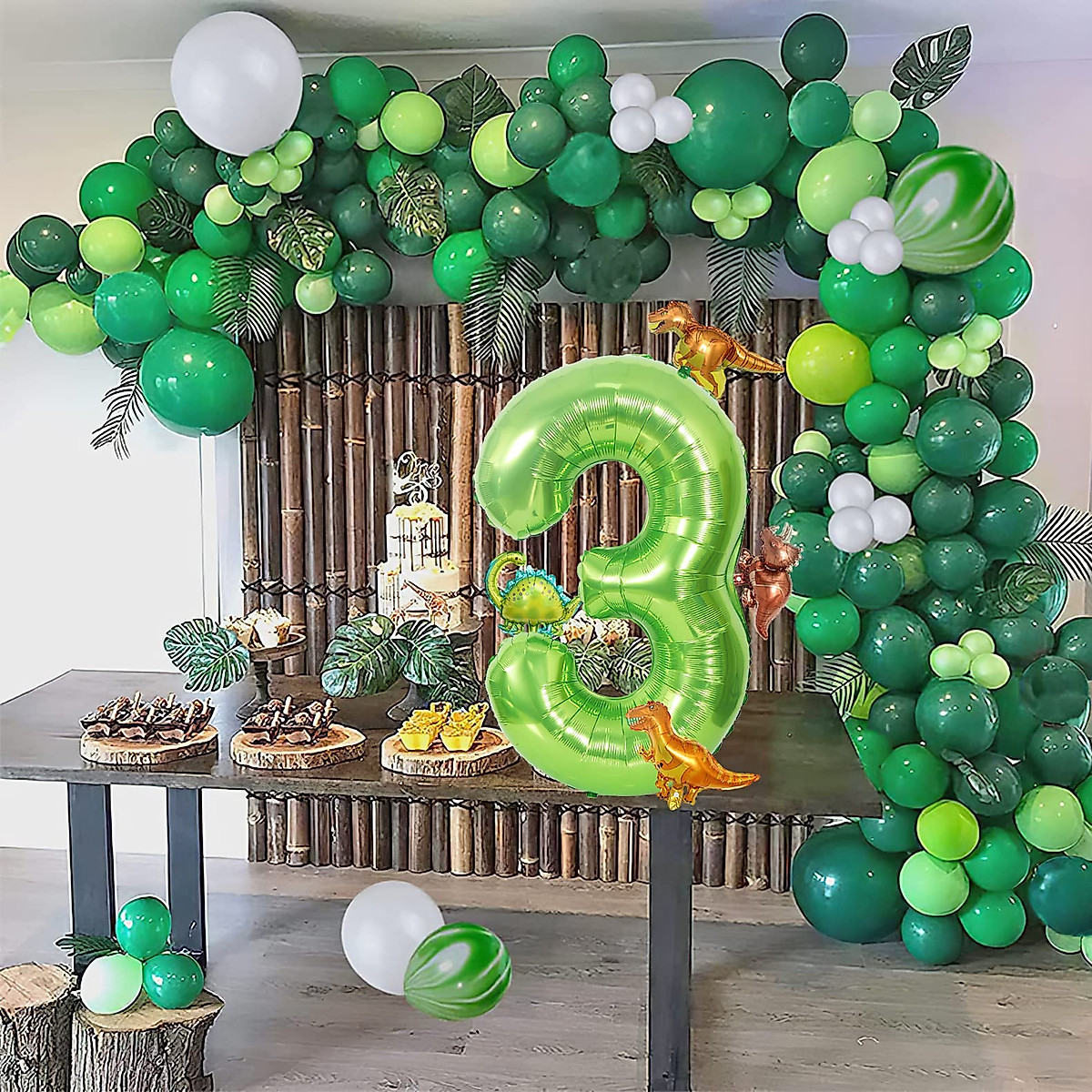 40 Inch Green Number 3 with Mini Dinosaur Balloon, Tyrannosaurus Rex Velociraptor Triceratops Brontosaurus Foil Balloons for Kid Birthday Cute Dino Baby Shower Party Decorations