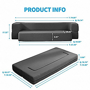 Mjkone 8.6 Inches Floor Sofa Bed Twin Size, Convertible Folding Sofa Bed, Sleeper Couch Bed with Memory Foam Mattress, Guest Bed for Living Room/Bedroom/Guest Room/Home Office (Dark Grey)