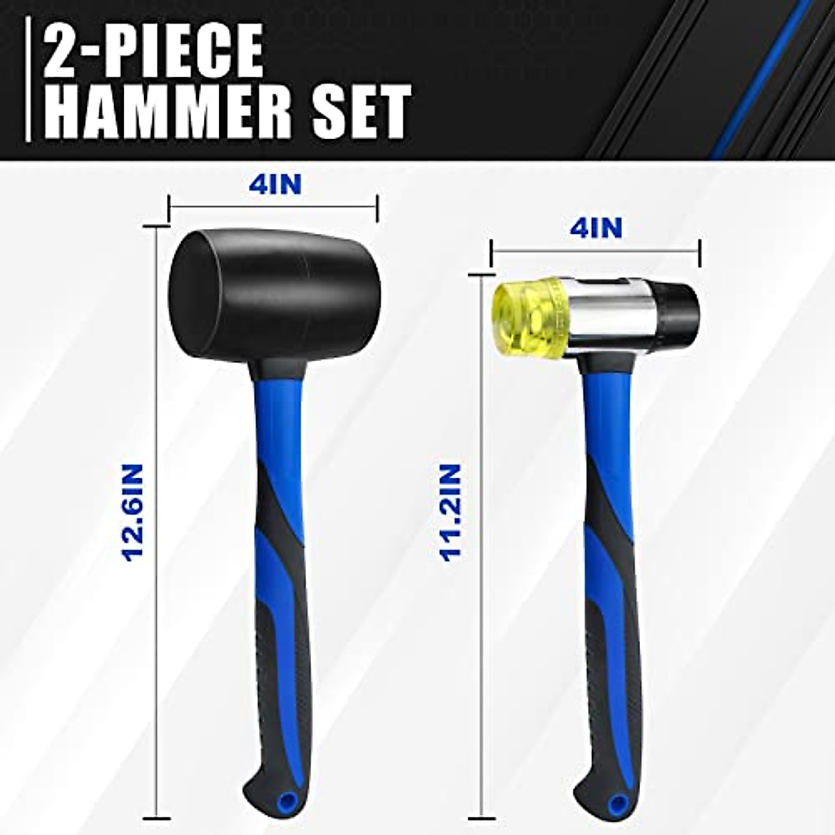 C&T 2-Piece Hammer Set,Black Rubber Mallet Hammer, Double-Faced Soft Hammer With Fiberglass Handle,Rubber Mallet Set