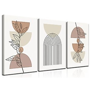 Modern Boho Wall Art Set of 3 - Abstract Geometric Line Leaf Beige Botanical Canvas Paintings Prints Wall Decor, Minimalist Wall Art for Living Room, Bedroom, Office - Framed 12x16 in