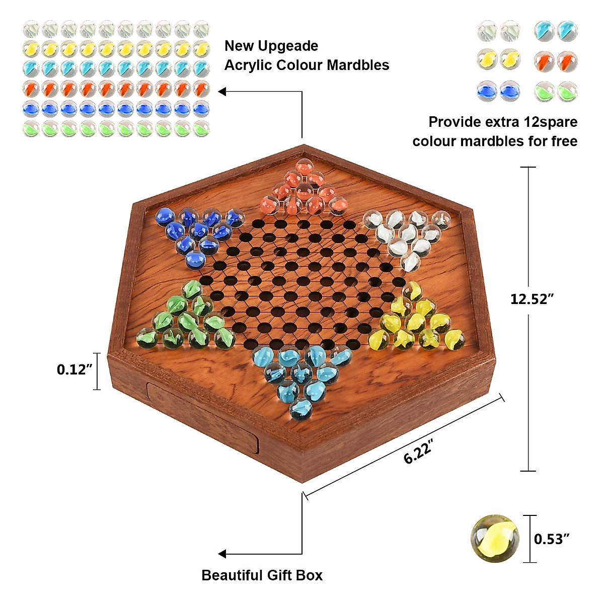 Upgraded Wooden Chinese Checkers with Drawers 12.7 Inches Wooden Board Game Includes 72 Colorful Glass Marbles Easy Grasping for Adults and Kids