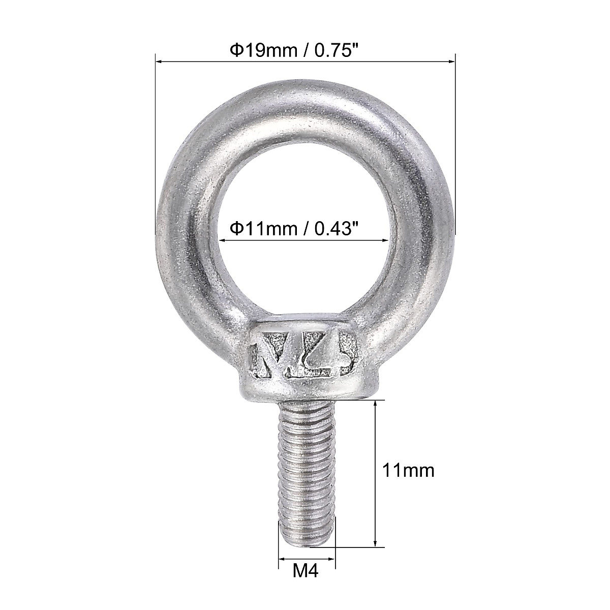 uxcell Lifting Eye Bolt M4 x 11mm Male Thread with Hex Screw Nut Gasket Flat Washer for Hanging Securing Chain Wire Rope, 304 Stainless Steel, 6 Sets