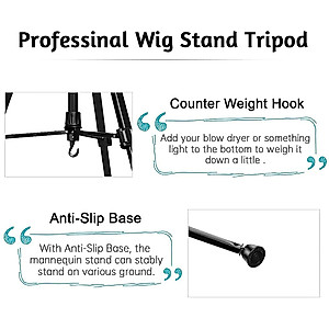 DANSEE Wig Stand Tripod, Metal Mannequin Head Stand Adjustable (24 - 64 inch)