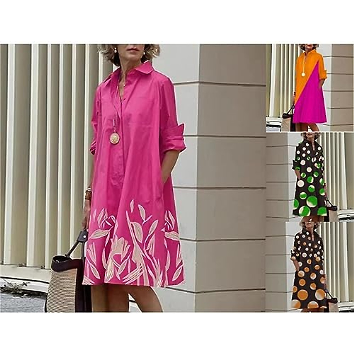 L Red Polka Dots Women's Casual Shirt Dress Shirt Collar Long Sleeve Shift Midi Dresses Fashion Office Daily Loose Print Dress with Pockets