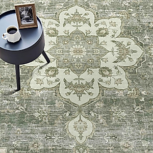 Poeti Washable Rug, Ultra Thin 4x6 Rug - Non Slip Carpet - Small Area Rugs for Living Room Entryway Rug - Vintage Floral Rug, Green Rug