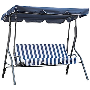 Outsunny 3-Person Patio Porch Swing with Adjustable Canopy for Adults, Steel Frame, Seat & Backrest Cushion, Armrests, Dark Blue & White Striped