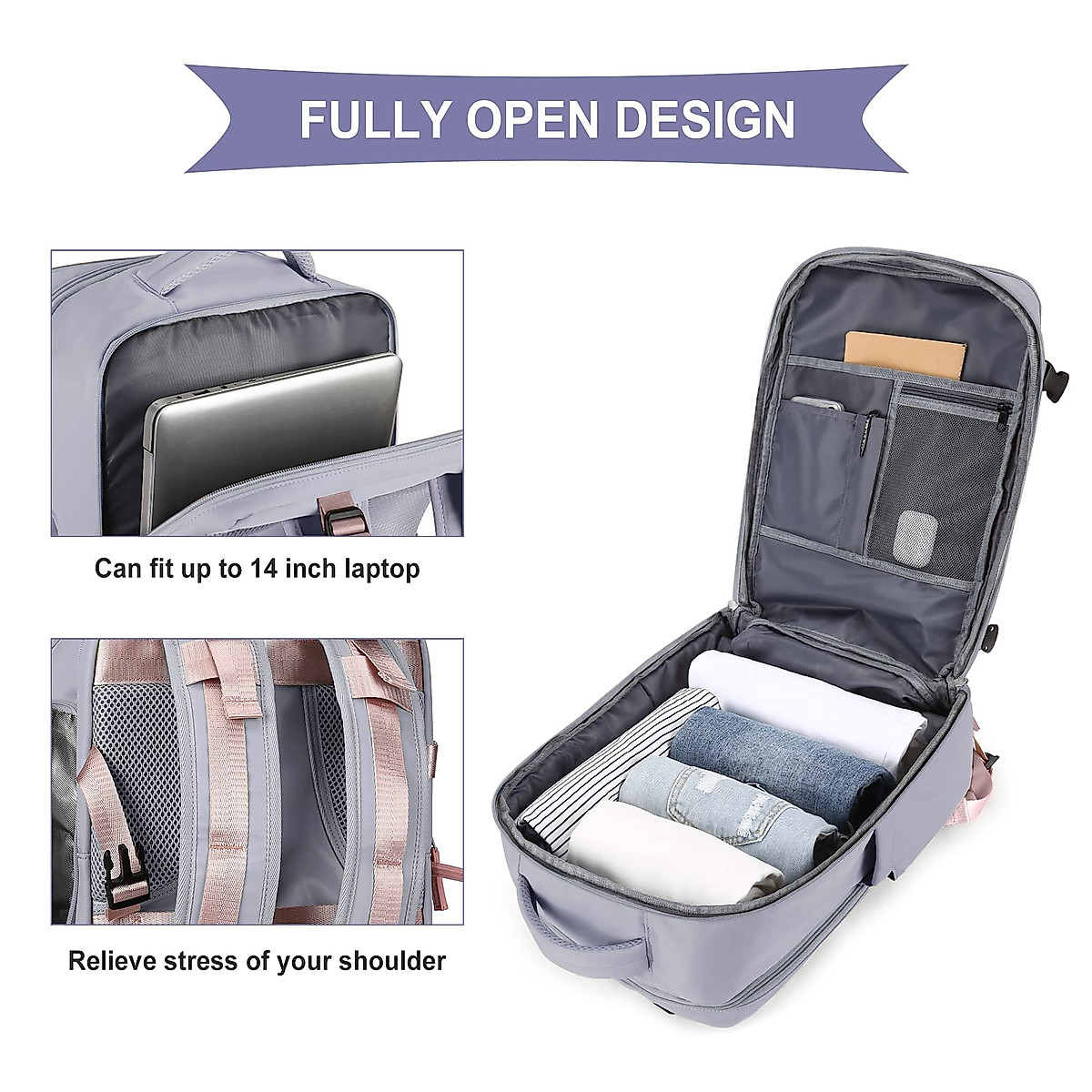 Large Travel Backpack Women, Carry On Backpack,Hiking Backpack Waterproof Outdoor Sports Rucksack Casual Daypack School Bag, Laptop Backpack Flight Approved，Light Purple