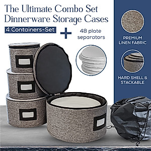 CHINA STORAGE CONTAINERS, Plate Storage include: 4 China Storage Containers Hard Shell Polyester, with 48 Round Felt Pot Protectors for Stacking, China Storage includes Bonus Drawstring Bag.