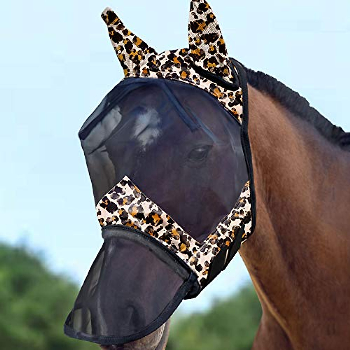 Harrison Howard LumiVista Horse Fly Mask Long Nose with Ears UV Protection for Horse Leopard Print M Cob