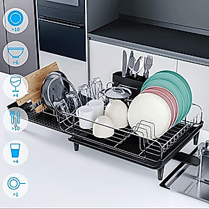 JINGFU Dish Drying Rack - Stainless Steel Dish Racks for Kitchen Counter, Large Dish Drying Rack with Drainboard, Dish drainers for Kitchen Counter,Expandable Dish Rack for Cups, Cutlery, Pot&lid