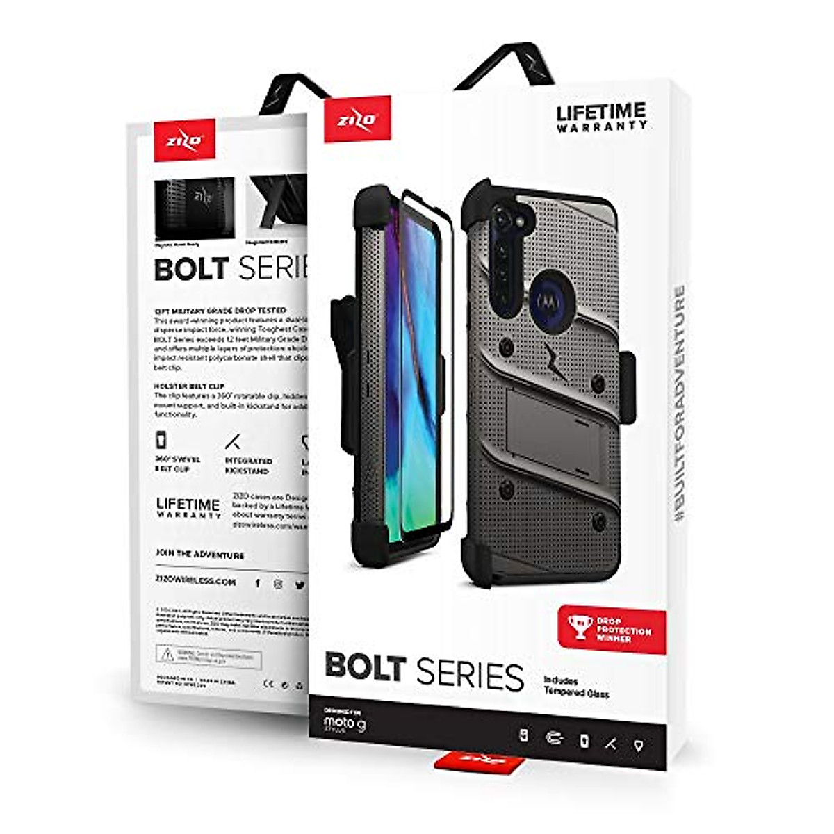 ZIZO Bolt Series for Moto G Stylus (2020) Case with Screen Protector Kickstand Holster Lanyard - Gun Metal Gray & Black