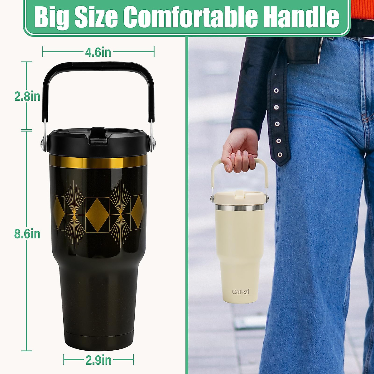 Cafezi 30oz Tumbler with Handle and Straw, Vacuum Insulated Tumblers with Flip Straw and Top Handle, Reusable Insulated Cup for Home, Outdoors, Leakproof, Fits in Cup Holder, Cold for 30 Hours