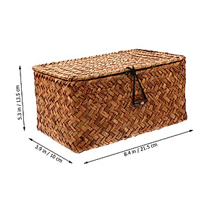 Didiseaon 2 Pcs Woven Storage Box Storage Baskets with Lids Baskets with Lids for Organizing Wicker Shelf Tall Wicker Basket Desk Storage Organizer Seaweed Case Rectangle Bamboo Storage Rack