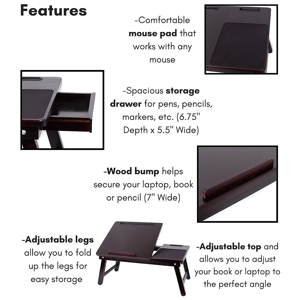 Sofia + Sam Laptop Bed Tray with Storage Drawer and Media Slots | Folding Legs and Mouse Pad | Fits Laptops Up to 15" | Tablets Up to 9.6" | Smart Phones Up to 4" | Espresso | Work from Home Desk