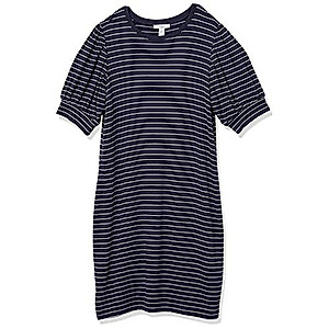 Amazon Essentials Women's Supersoft Terry Relaxed-Fit Short-Sleeve Puff-Sleeve Dress (Previously Daily Ritual), Navy White Mini Stripe, Large