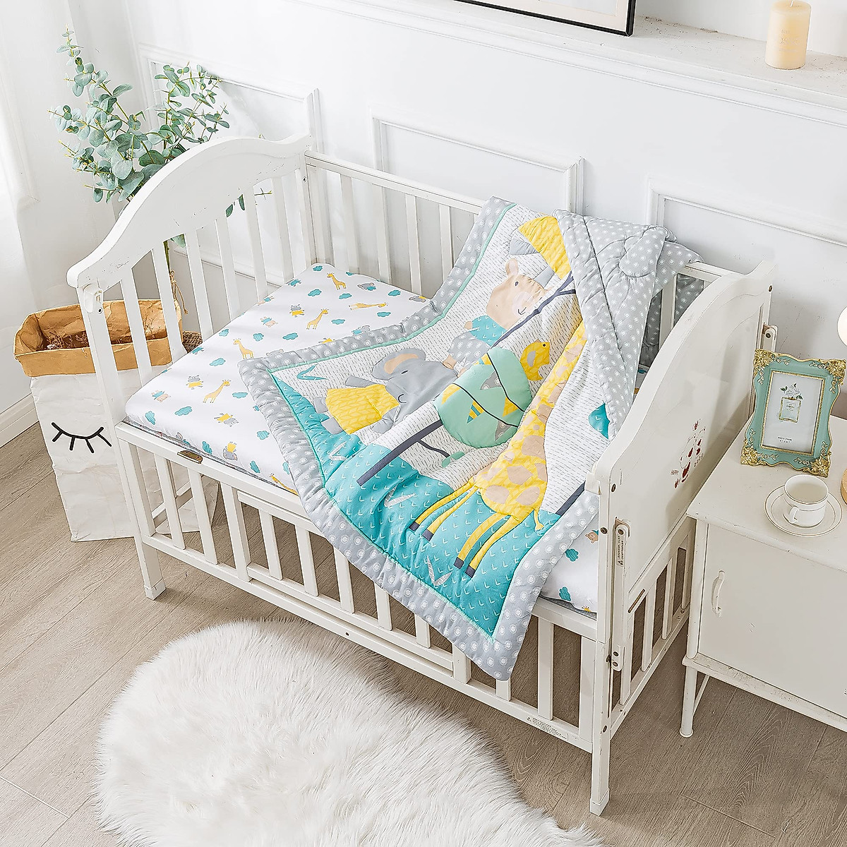 3-Piece Cotton Animals Jungle Crib Bedding Set. Standard Size Set Includes Quilt, Crib Sheet, Changing Pad Cover. Elephant Hippo Bear Giraffe Set, Safari Comforter Set for Boys and Girls