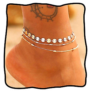 Jeweky Boho Layered Sequines Anklets Beads Foot Jewelry Chain Ankle Bracelets for Women and Girls (Gold)