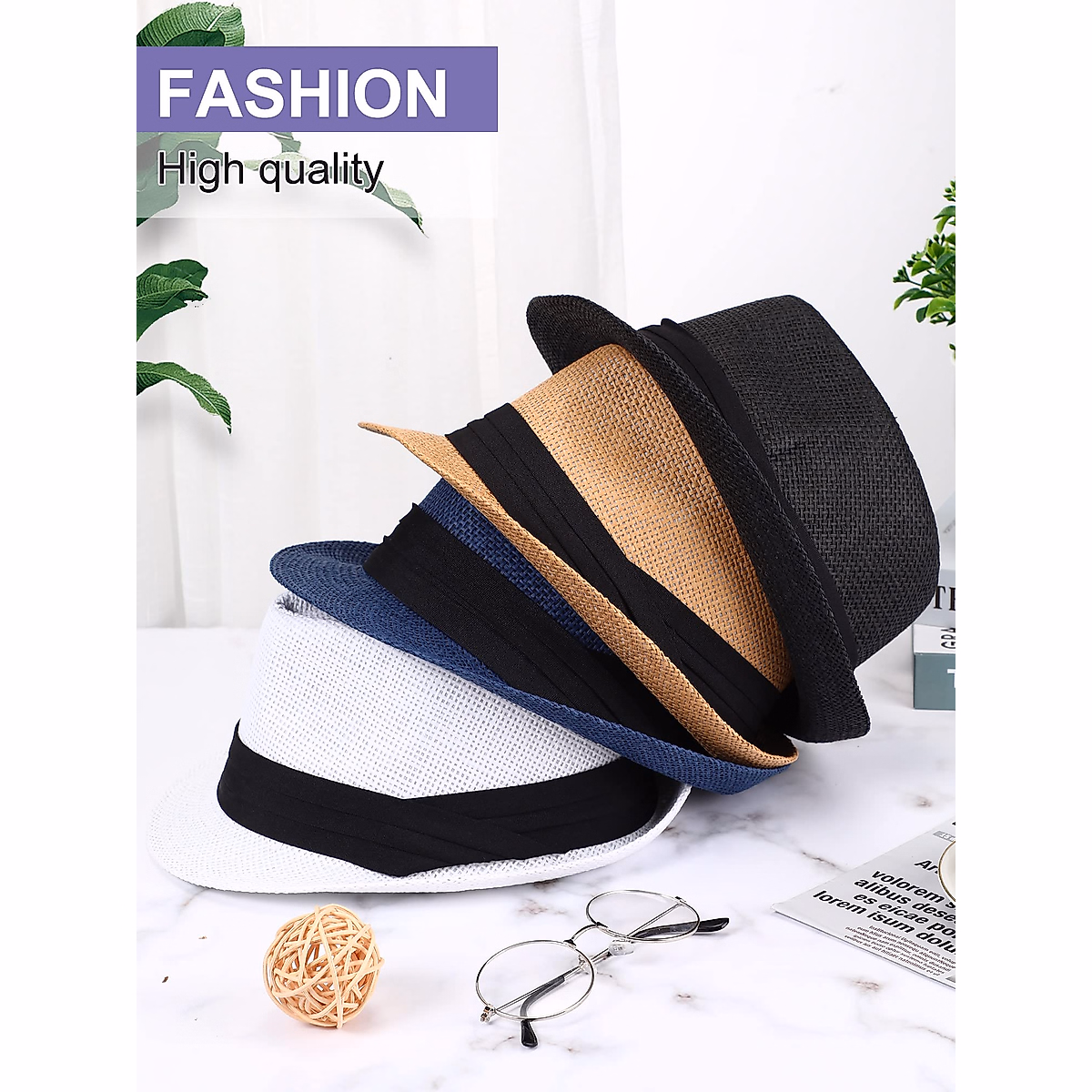 4 Pieces Straw Hats for Men Women Summer Panama Short Brim Hat with Black Band (Retro Style)