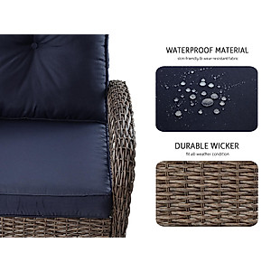 SHA CERLIN 3 Pieces Patio Furniture Set, Outdoor Swivel Glider Rocker, Wicker Patio Bistro Set with Rocking Chair, Cushions and Table (Blue)