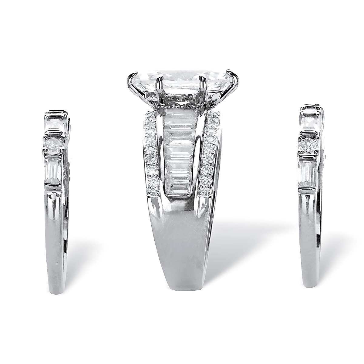 PalmBeach 14K Yellow Gold or Platinum Plated Sterling Silver Marquise and Baguette Cut Cubic Zirconia 3 Piece Bridal Ring Set Size 10