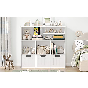 Knowfunn Toy Storage Cabinet with 3 Movable Drawers & 6 Cubes, Children's Toy Shelf Kids Bookshelf with Hidden Wheels, Kids Bookcase Toy Storage Organizer for Bedroom & Playroom & Nursery (White)