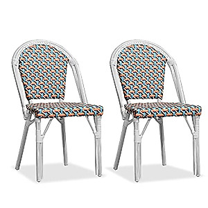 PURPLE LEAF Dining Chair Set of 2 Outdoor French Bistro Chairs Hand-Woven Aluminum Wicker Rattan Chairs for Garden Kitchen Backyard Porch White Print Finish Patio Chairs Colorful