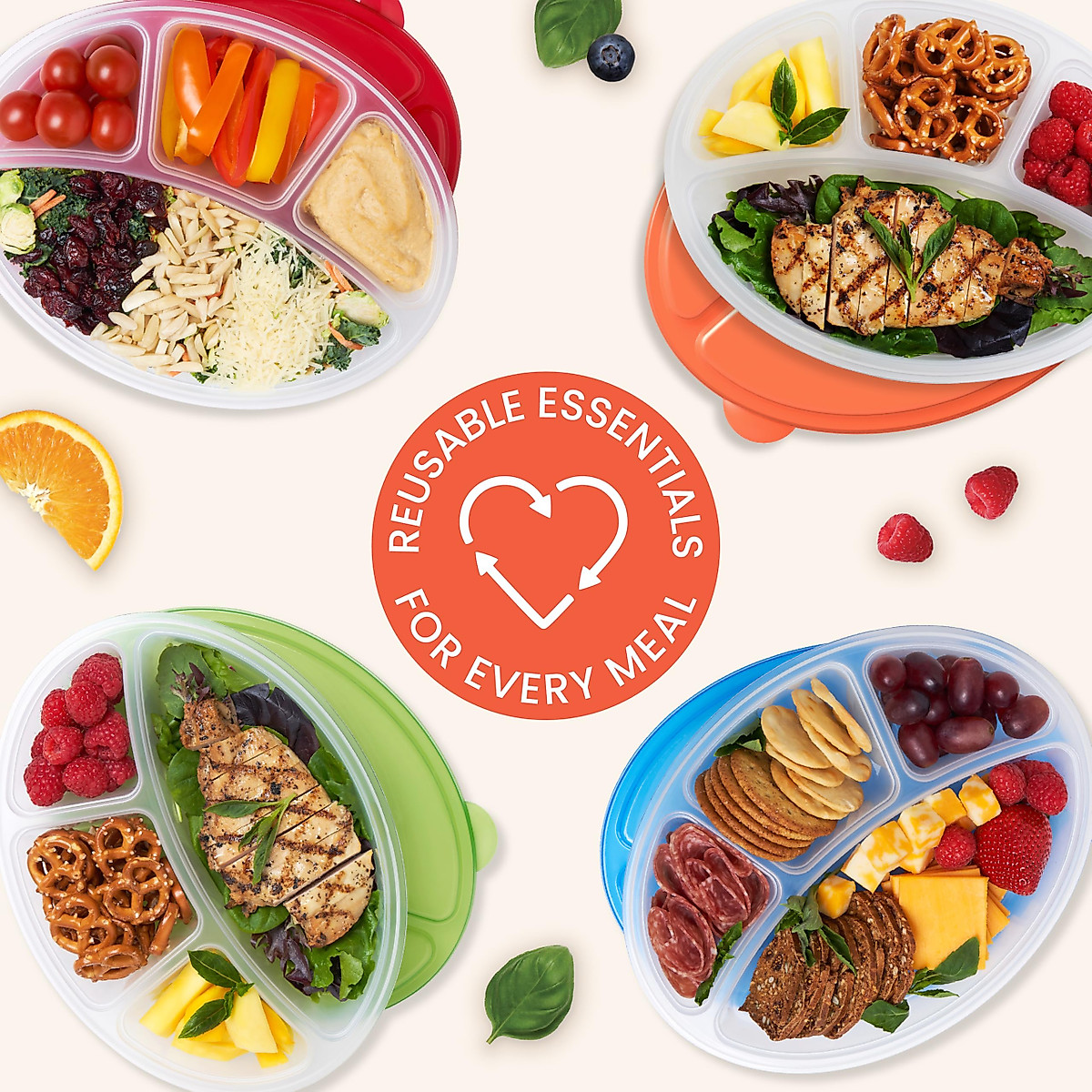 EasyLunchboxes® - Oval Lunch Boxes - Reusable 4-Compartment Food Containers for Work, Travel and Meal Prep, Set of 4, (Classic)