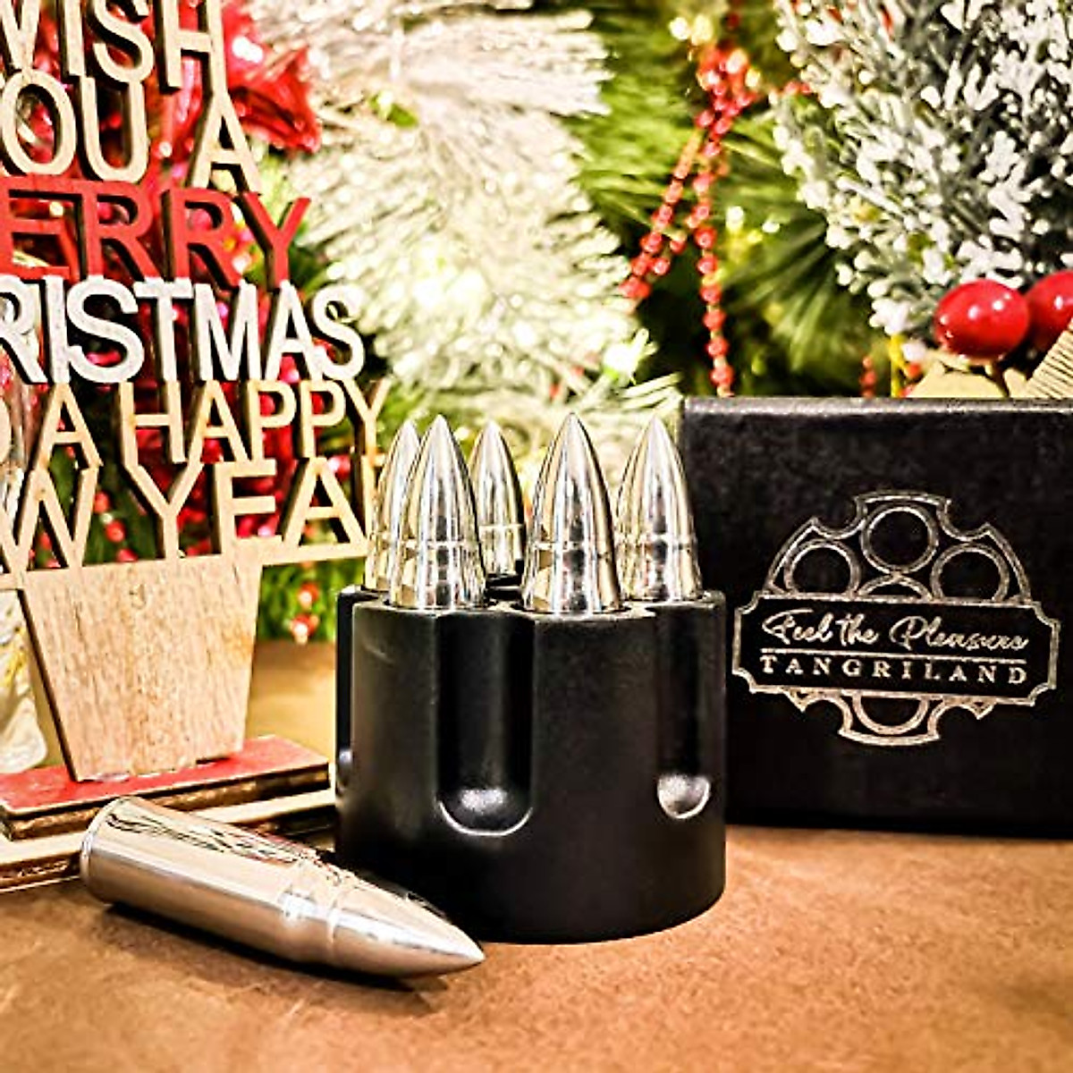 WHISKEY STONES EXTRA LARGE 6 PCS. STAINLESS STEEL SILVER BULLETS with Revolver Barrel Base Laser Engraved Ice Cubes Chillers Reusable Chilling Rocks Stone Gift Set for Men Father's Day Military Man.