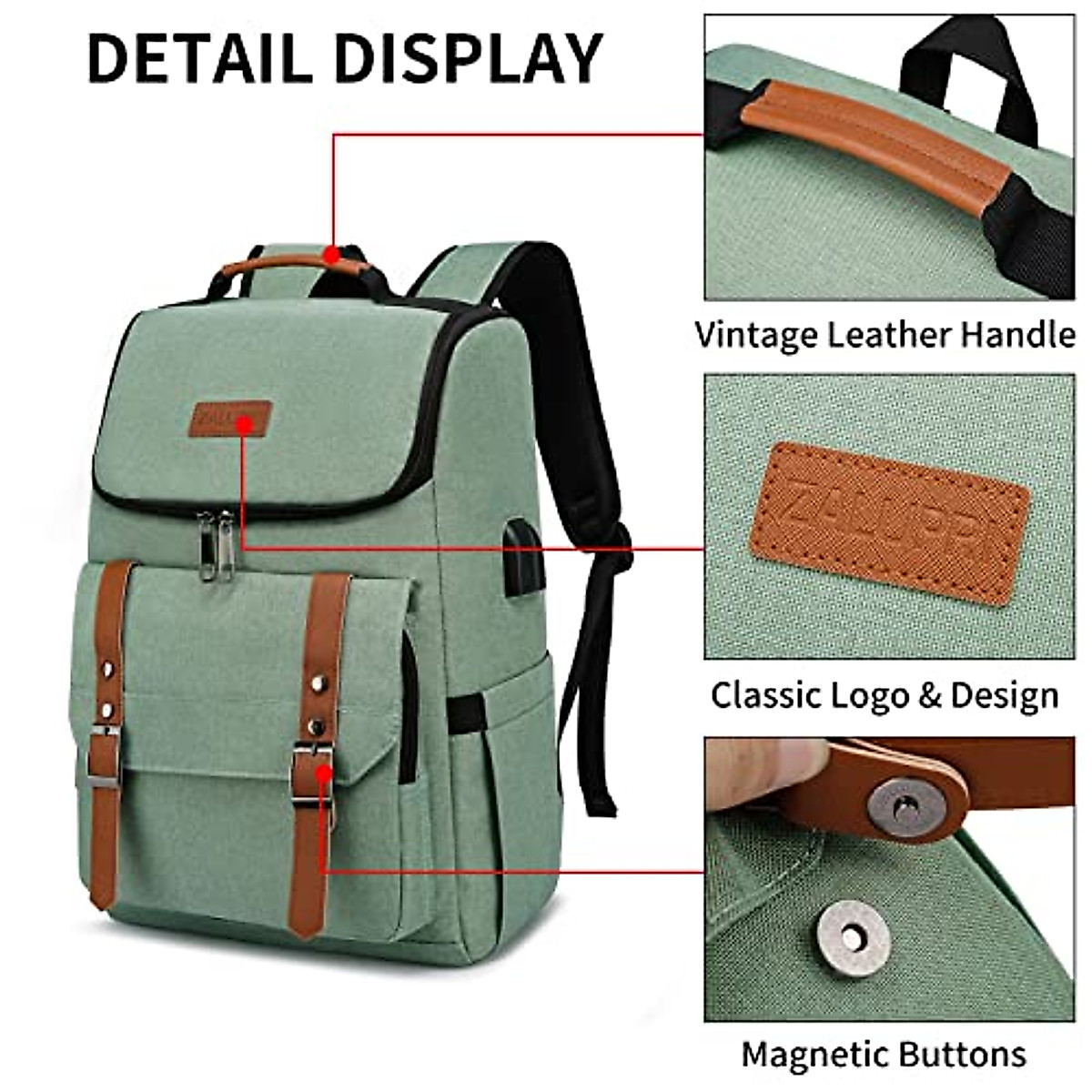 zalupri Work Laptop Backpack for Women and Men, 15.6 inch Computer Travel Backpacks for Working Stylish Teacher Backpack Casual Daypack laptop Bag with USB Charging Port, Green