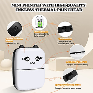 Mini Pocket Printer, Portable Thermal Printer with 3 Rolls Printing Paper for Android or iOS APP, Bluetooth Inkless Printer Gift for Kids, Friends, Used in Home, Office, Study, Work List Printing