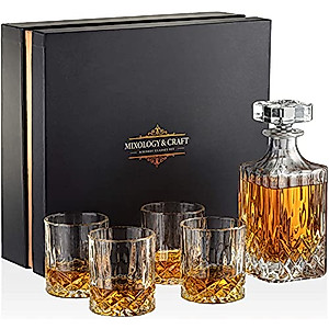 Mixology Whiskey Decanter and Glass Set for Men, Crystal Bourbon Decanter Set with 10oz Whiskey Glasses in a Classy Gift Box, Perfect for Scotch, Bourbon and Cognac - Gifts for Men