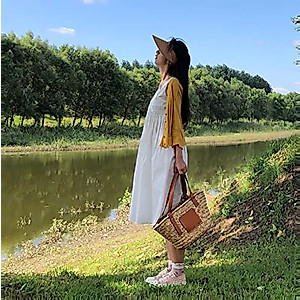 JAYAVENTURA Small Straw Basket Bag for Women PU Leather Strap Raffia Woven Tote for Summer Beach