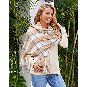 Fuinloth Women's Large Plaid Scarf Fashion Long Shawl Wrap for Winter Warm Lightweight Brown Pink