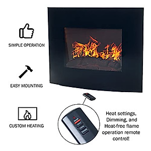 25.5-Inch Wall Mounted Electric Fireplace - Curved Glass Heater with Log Fuel Effect, Adjustable Flames, and Remote Control by Northwest (Black)