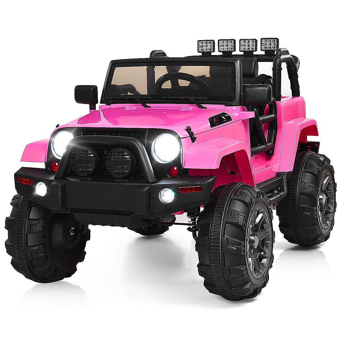 Costzon Ride On Car, 12V Battery Powered Electric Ride On Truck w/Parental Remote Control, LED Lights, Double Open Doors, Safety Belt, Music, MP3, Spring Suspension (Pink)