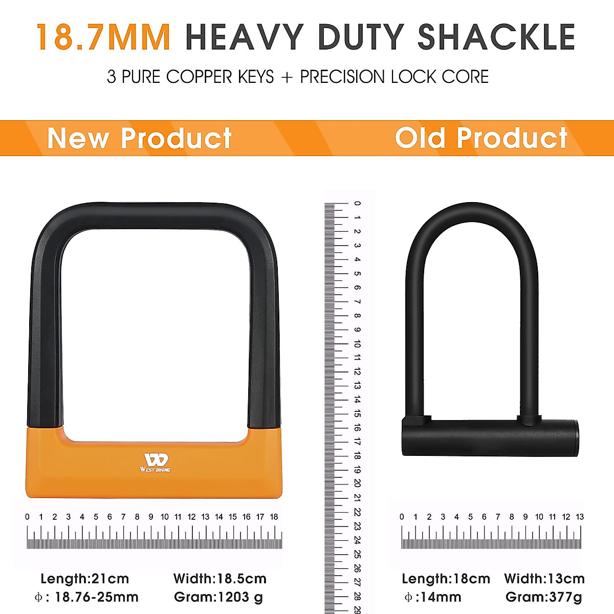 ICOCOPRO Anti Theft Heavy Duty Bicycle U Lock with 3 Keys, 18.76mm, Black, 5.32 in Width Inside Dimension