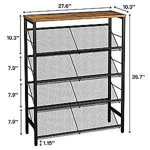 LIDYUK Shoe Rack, 5-Tier Shoe Organizer with 4 Slanted Metal Mesh Storage Shelves and Wood Top, Free Standing Shoe Rack for Entryway, Hallway, for 20-24 Pairs of Shoe Storage, Rustic Brown
