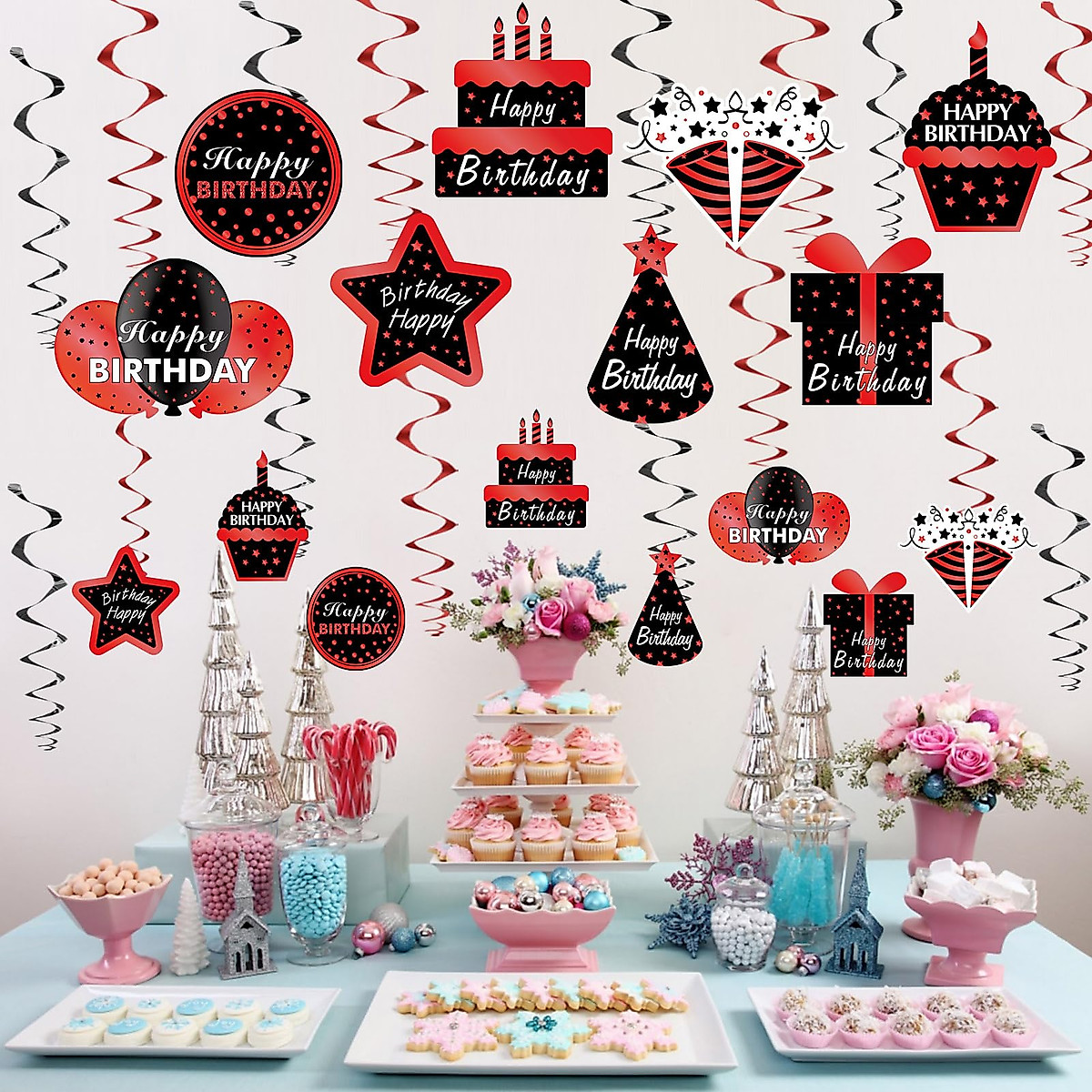 Red and Black Happy Birthday Decorations Hanging Swirls Party Supplies, 30Pcs Red Black Happy Birthday Foil Swirl Decor, 10th 16th 21st 30th 40th 50th 60th Ceiling Hanging Sign Decor