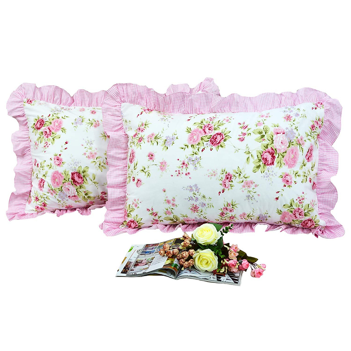 FADFAY Shabby Pink Duvet Cover Set Rose Floral Bedding Collection Elegant Princess Lace Ruffle Quilt Cover Set for Girls 4 Pieces Full Size