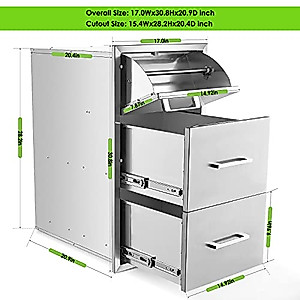 ARTYUIO Outdoor Kitchen Drawers Stainless Steel 17W x 30H x 21D Inch BBQ Storage Cabinets Drawers with Handles, Flush Mount Double Drawers,1 Paper Towel Holder for Outdoor Kitchen