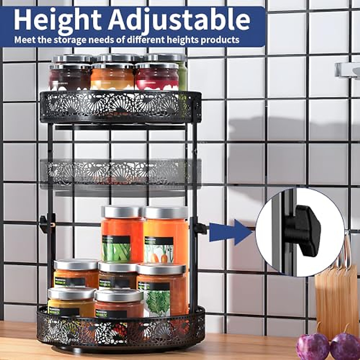 2 Tier Lazy Susan Organizer, 2 Pack 11&12 Inch Lazy Susan Turntable for Cabinet Table, MESHDO Height Adjustable Cabinet Organizer Spice Rack with Non-Slip Pad for Kitchen Bathroom Pantry(Metal, Black)