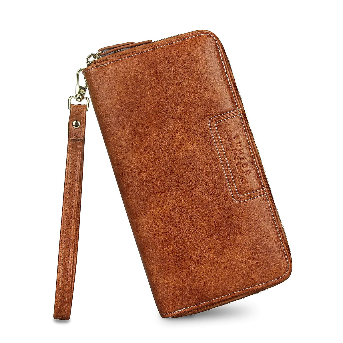 FT FUNTOR Wristlet Wallet for Women, Ladies Zip around Wallet PU Vegan Leather Clutch Long Purse Phone Card Holder Organizer Brown