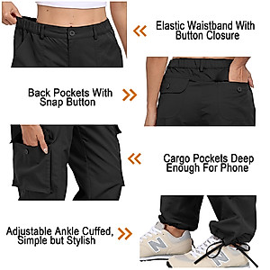 VEOBIKE Women’s Cargo Work Pants Elastic Waist Straight Leg Baggy Casual Hiking Pants Cotton Military Pants 7 Pockets Black