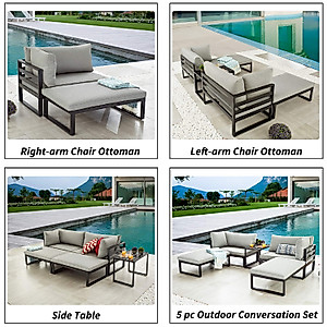 Festival Depot 2 Pieces Patio Furniture Outdoor Conversation Set Metal Corner Sectional Sofa Couch Patio Armrest Chair Cushioned Lounger with Ottomans