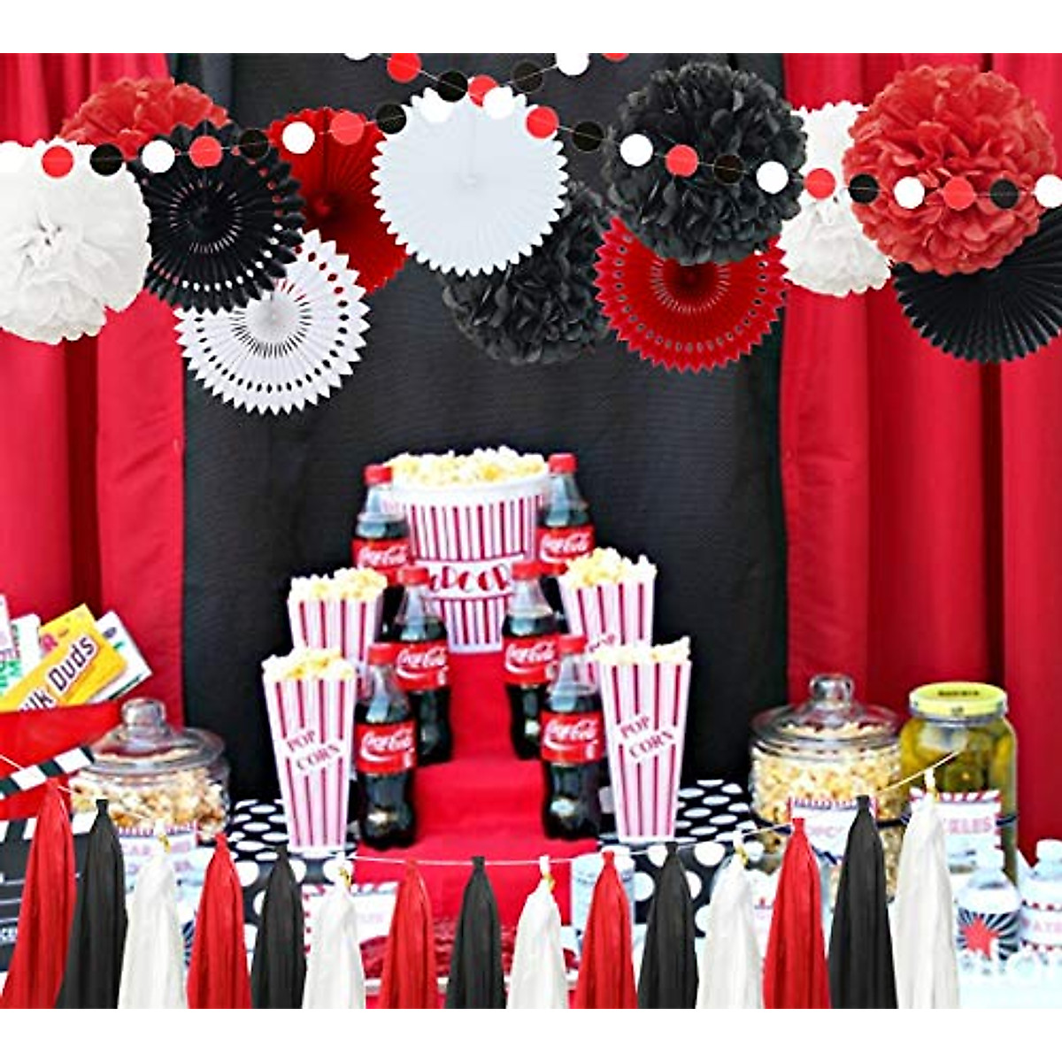 InBy 29pcs Red Black White Mickey Minnie Mouse Ladybug Birthday Wedding Baby Shower Bachelorette Party Decoration Kit - 12" 10" Tissue Paper Pom Pom, Tassel Garland, Circle Dot Garland, Paper Fan