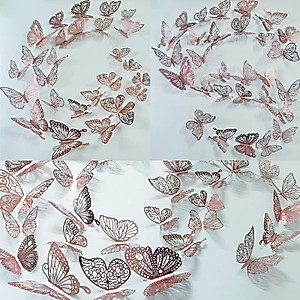 Ewong 60Pcs 3D Butterfly Wall Decal Birthday Cake Party Decoration 5 Style Mural Sticker Art Craft Kid Nursery Classroom Wedding Baby Shower Decorative Girl Bedroom Home Room Office Decor (Rose Gold)