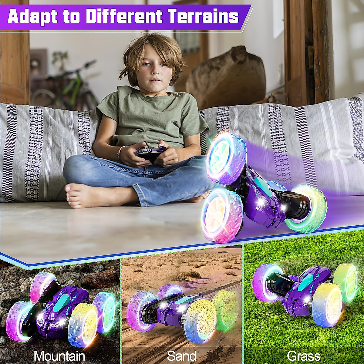 28℃ Remote Control Car for Boys, Drift High Speed RC Cars, 4WD 2.4Ghz Rechargeable RC Truck with Double Sided 360 Flips and Headlights Wheel Lights, Off-Road Stunt Toy Car for Kids Boy Girls (Purple)